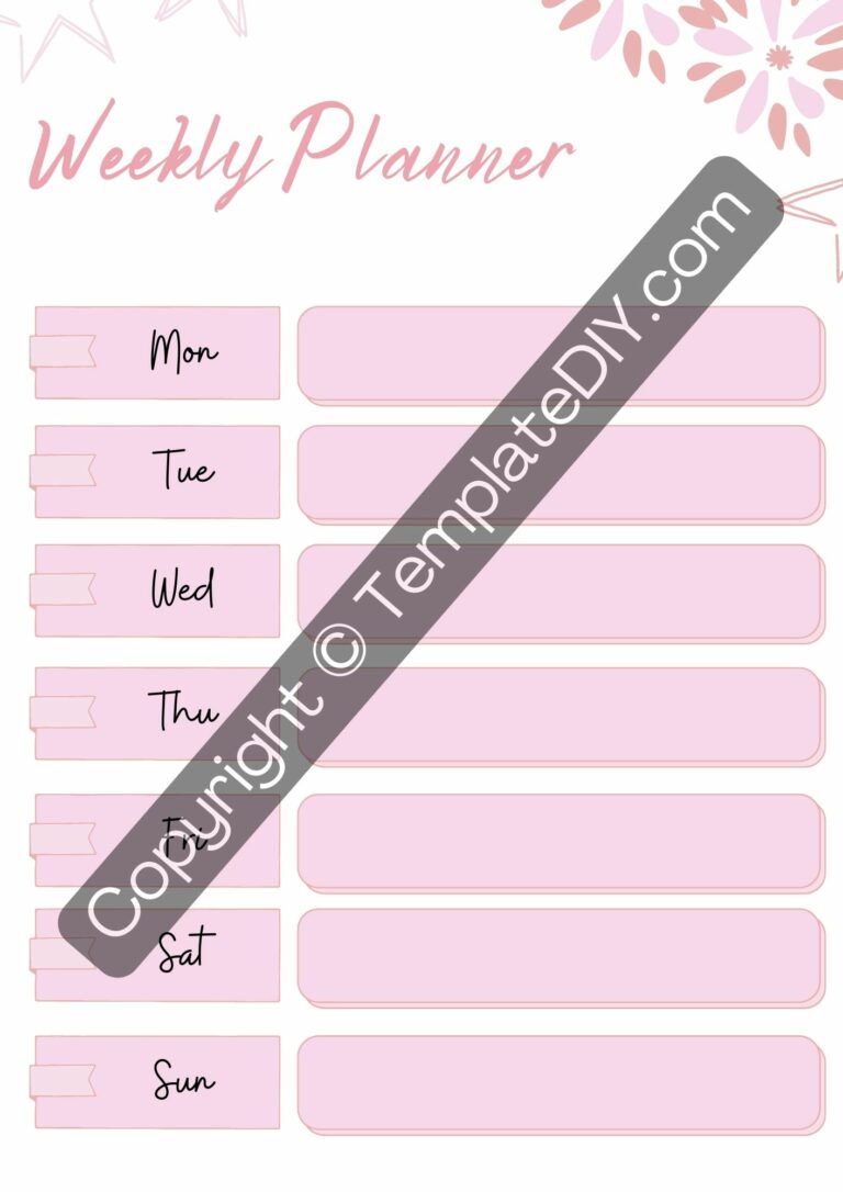 Pink Weekly Planner Template Printable in Pdf, Word, Excel