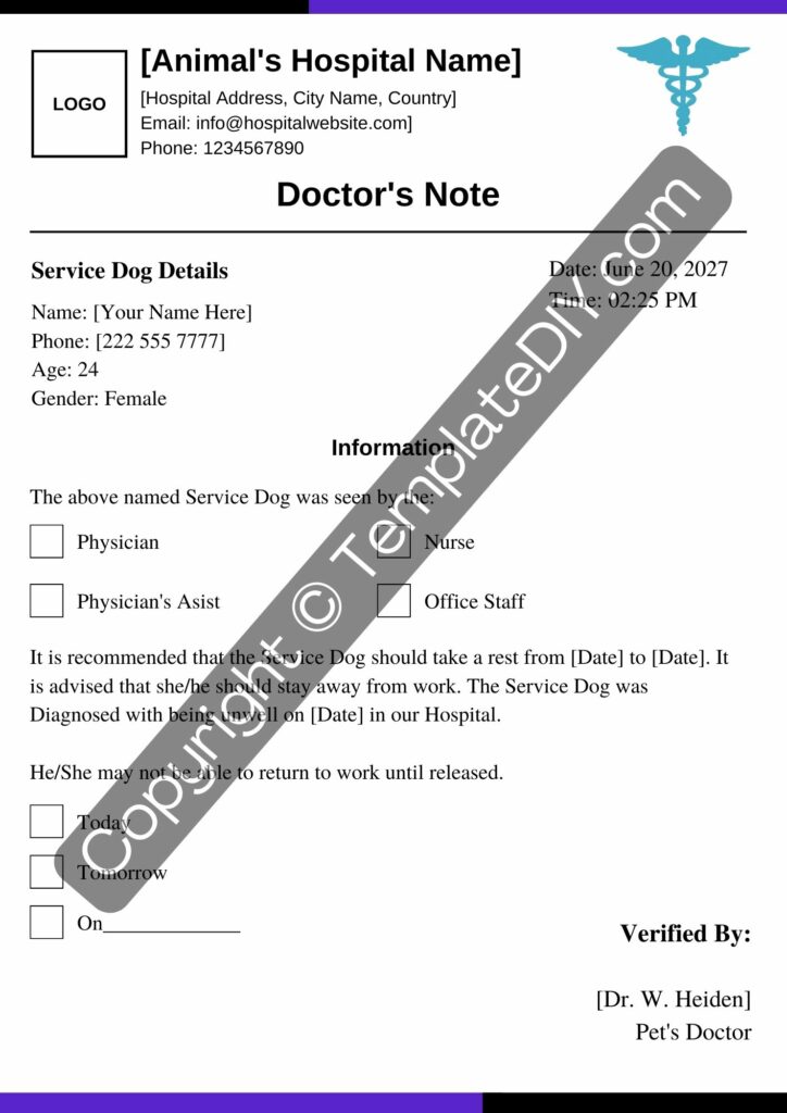 Doctors Note for Service Dog Template Printable PDF, Word