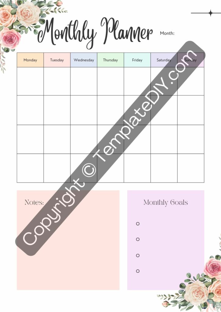 Floral Monthly Planner Template Printable Pdf, Word, Excel