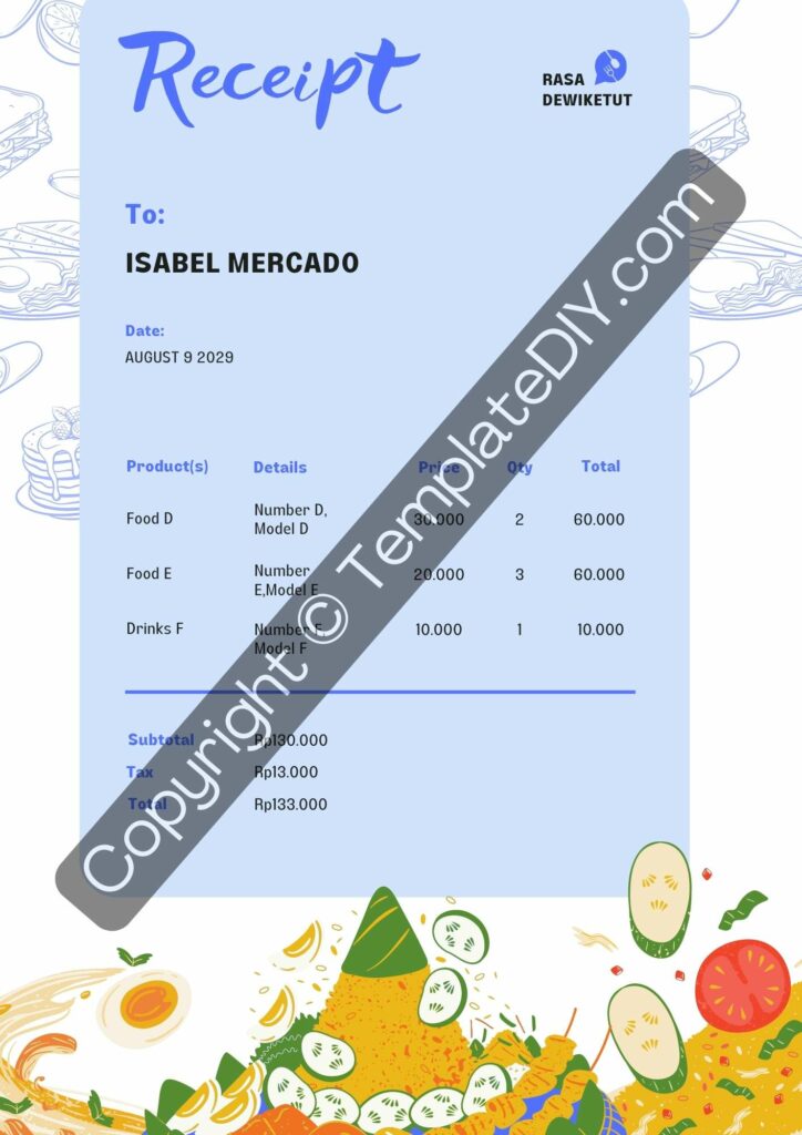 Food Receipt Template Blank Printable PDF, Word, Excel