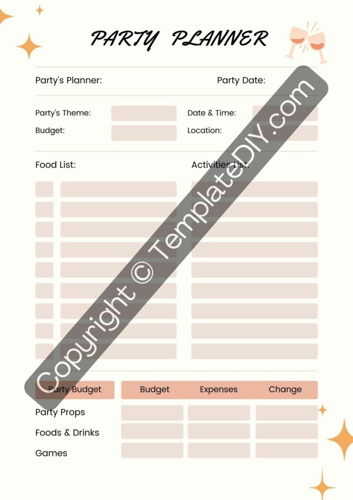 Party Planner Template Printable PDF, Word, Excel