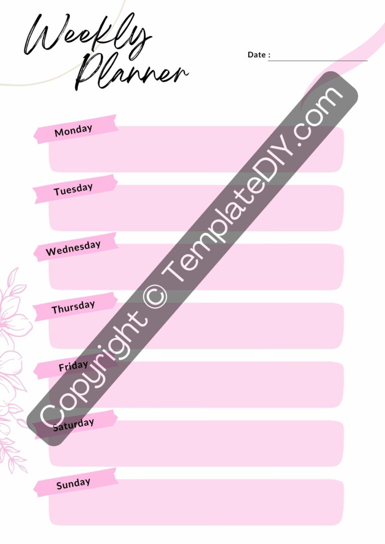 Pink Weekly Planner Template Printable in Pdf, Word, Excel