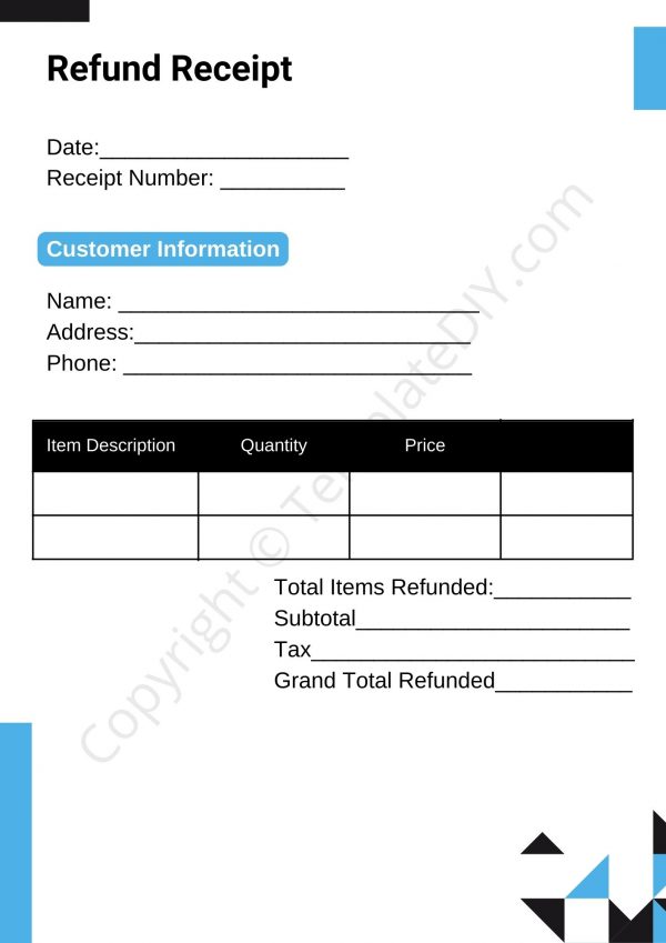 Refund Receipt Template Blank Printable PDF, Word, Excel