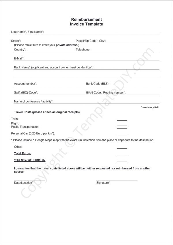Reimbursement Invoice Template Printable Blank PDF, Word