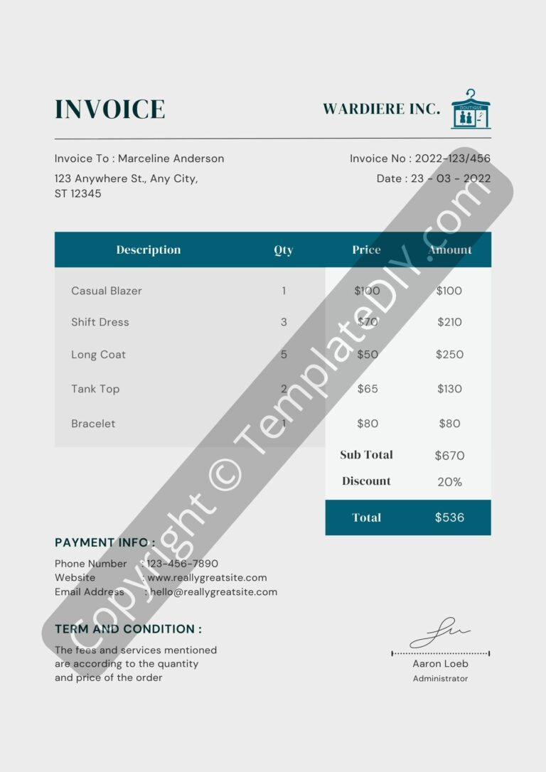 Service Invoice Template Printable Blank in PDF, Excel, Word