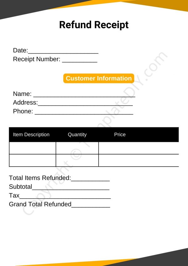 Refund Receipt Template Blank Printable PDF, Word, Excel