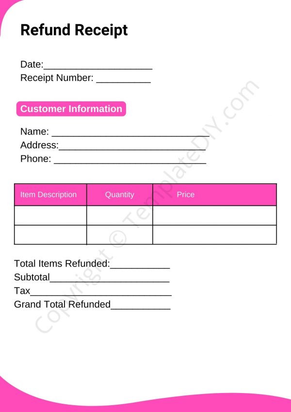 Refund Receipt Template Blank Printable PDF, Word, Excel