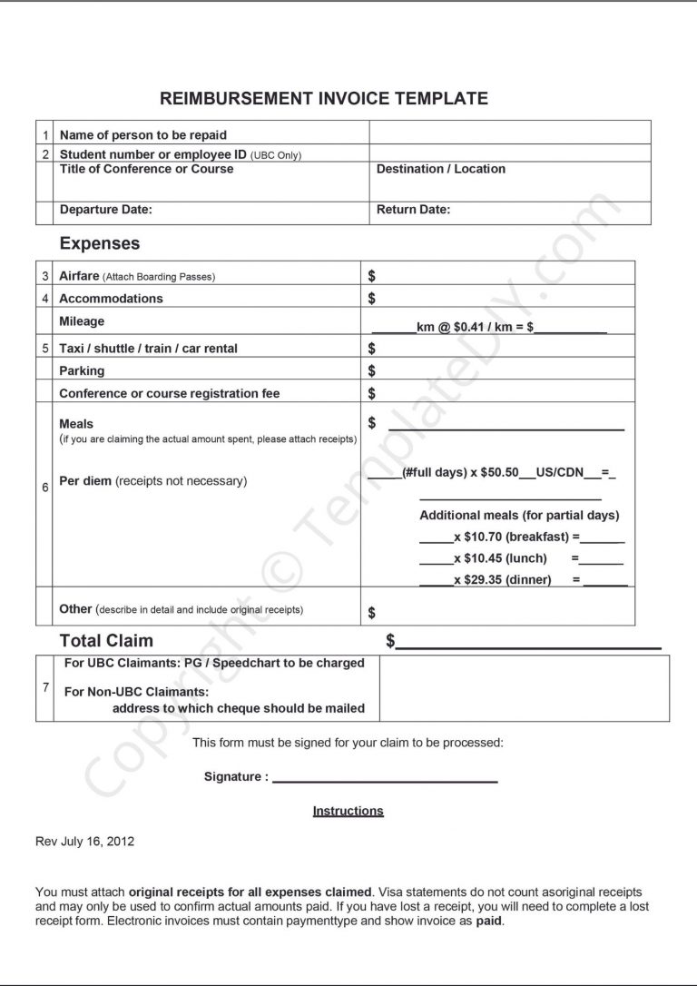 Reimbursement Invoice Template Printable Blank PDF, Word