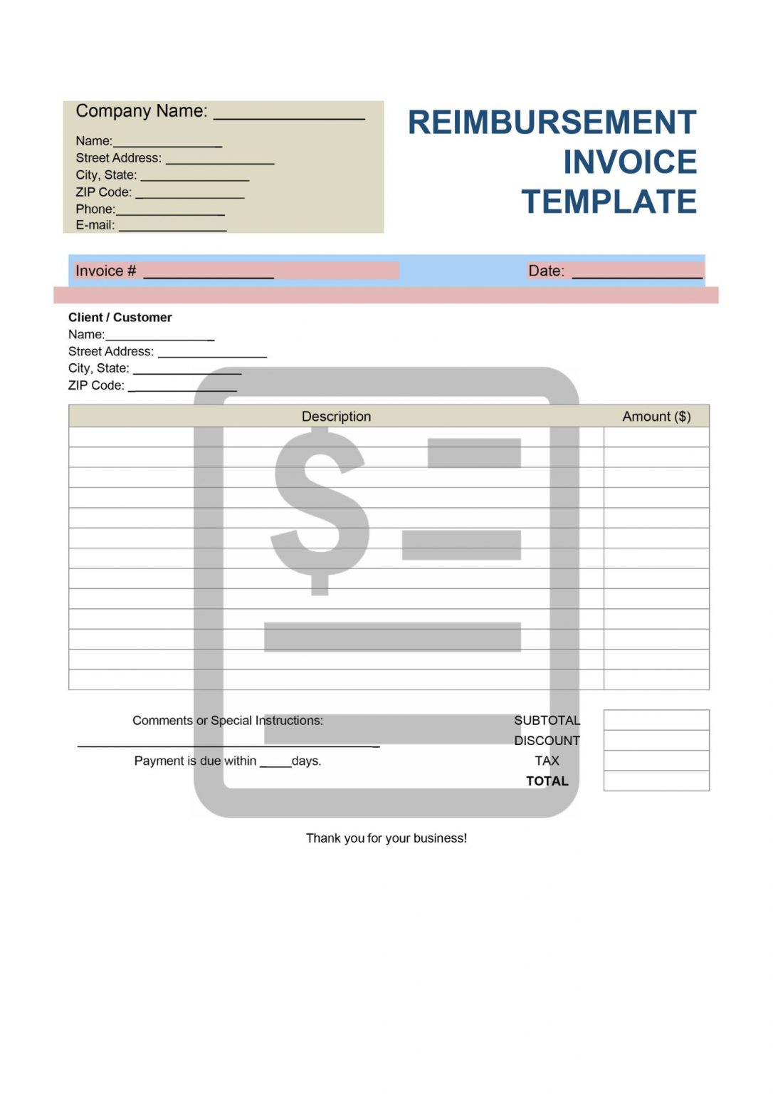 Reimbursement Invoice Template Printable Blank PDF, Word