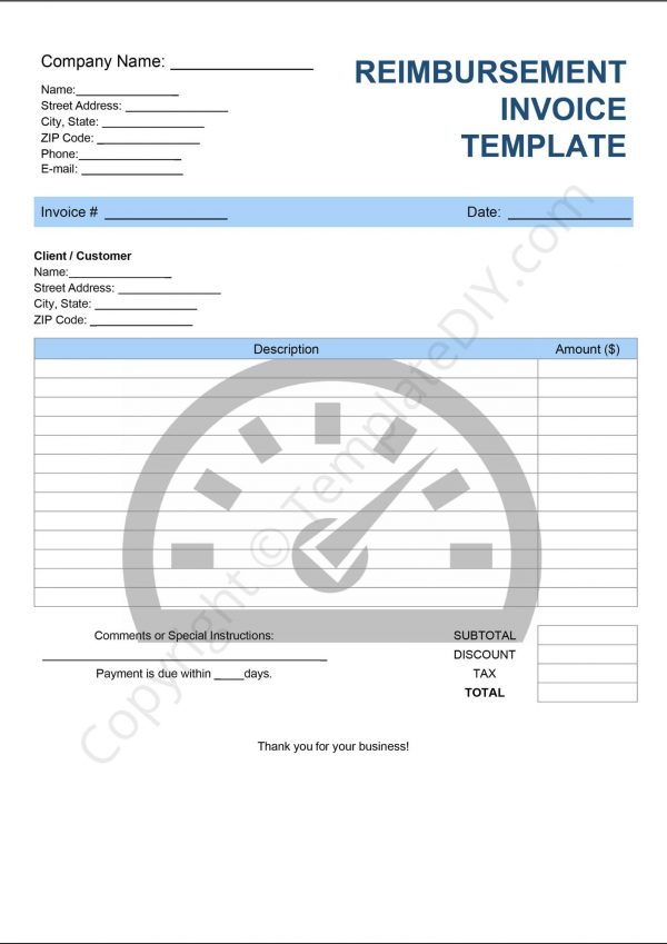 Reimbursement Invoice Template Printable Blank PDF, Word