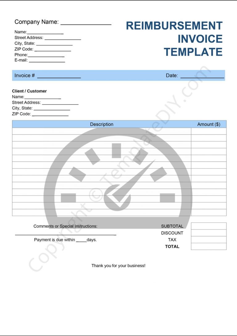 Reimbursement Invoice Template Printable Blank PDF, Word