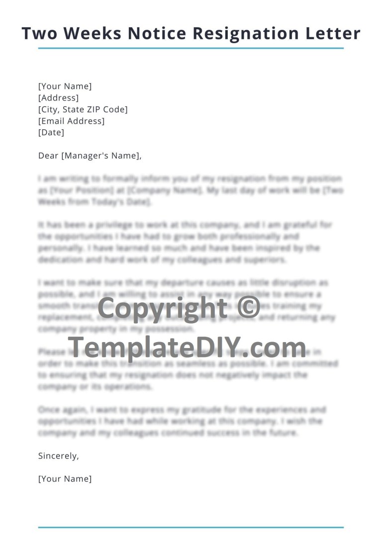 Two Weeks Notice Resignation Letter Sample [Word Editable]