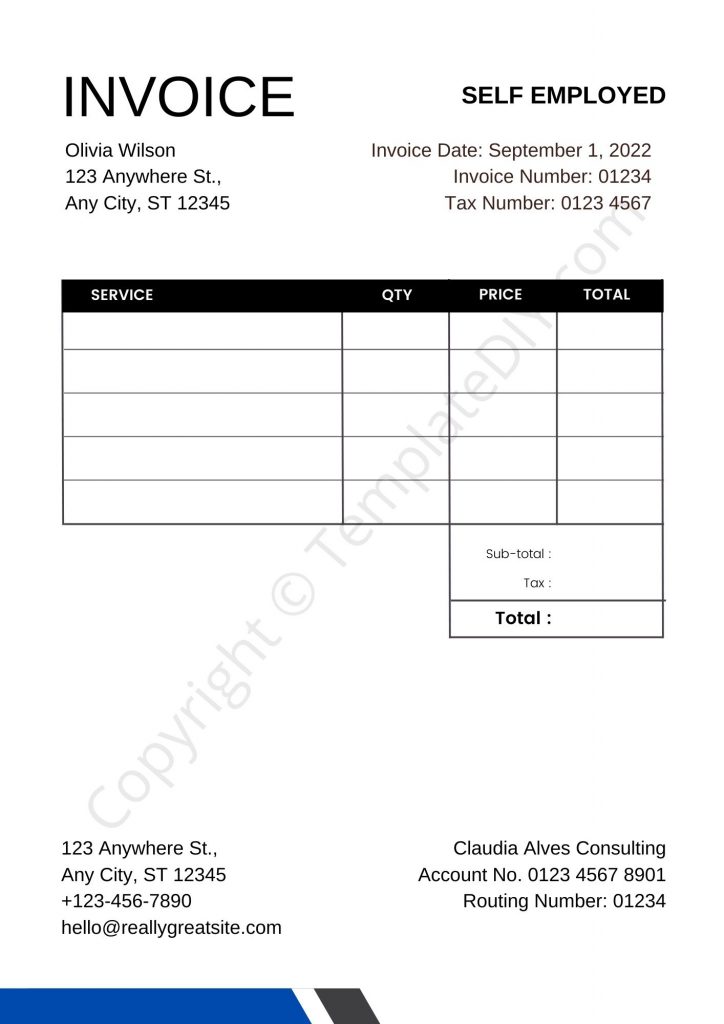 Self Employed Invoice Template Printable PDF, Excel, Word