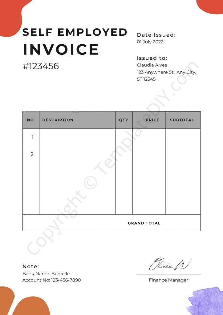 Self Employed Invoice Template Printable PDF, Excel, Word