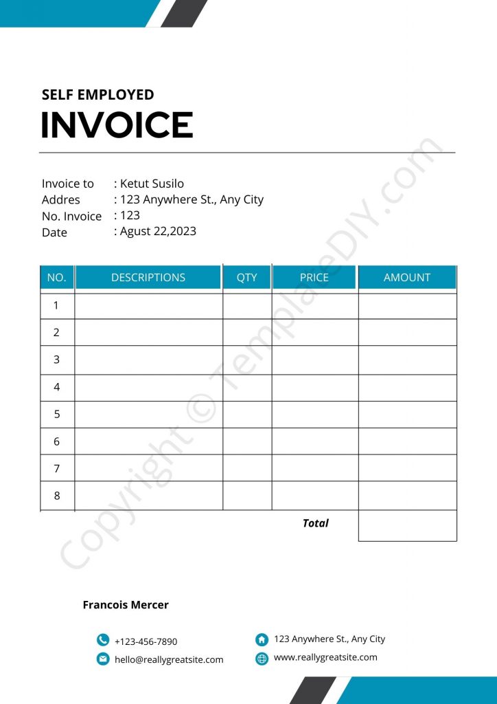 Self Employed Invoice Template Printable PDF, Excel, Word