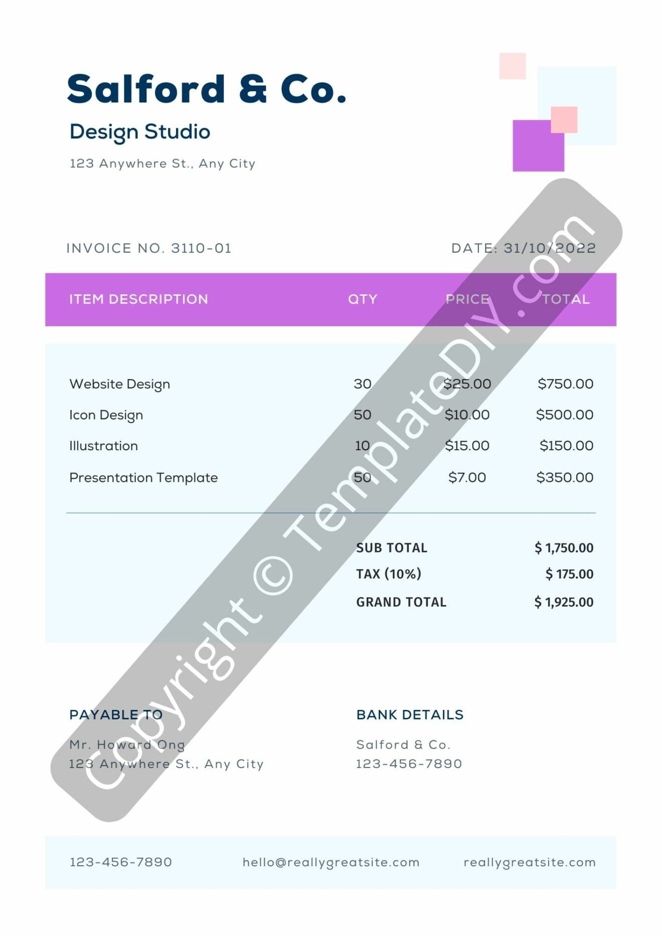 Service Invoice Template Printable Blank in PDF, Excel, Word