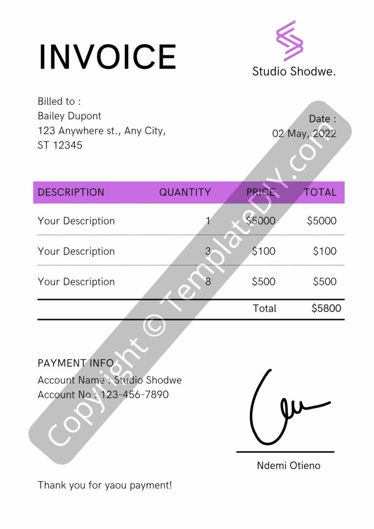 Service Invoice Template Printable Blank in PDF, Excel, Word