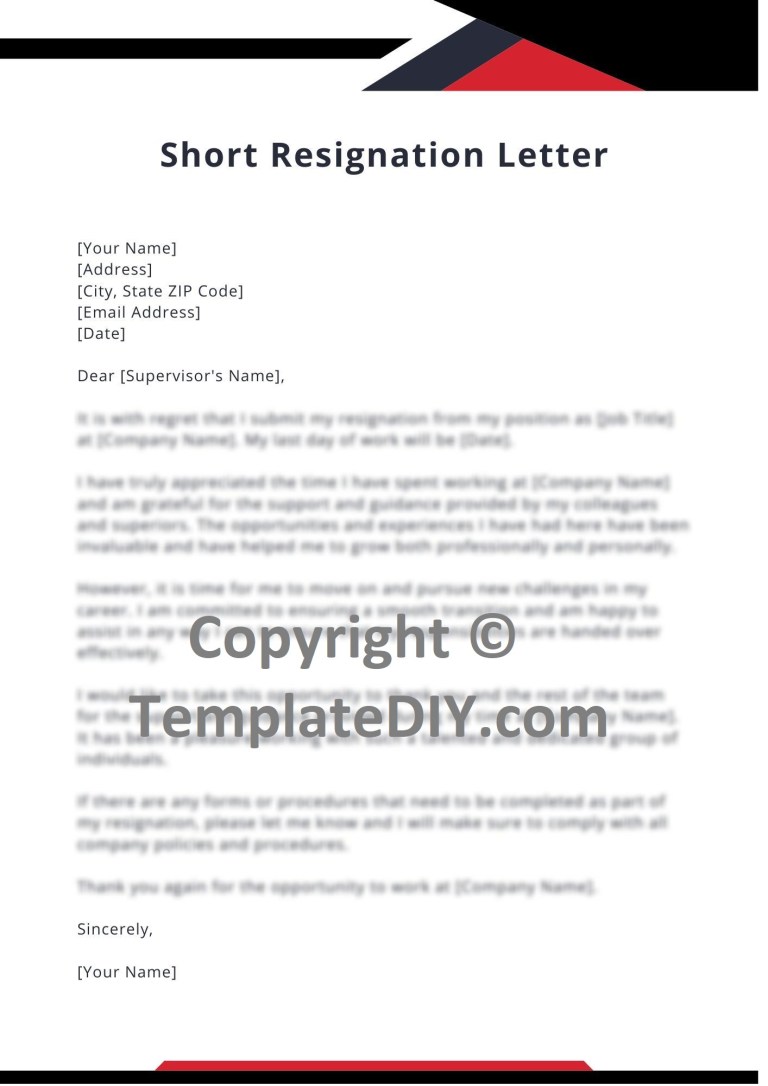 Short Resignation Letter Template Instant Download