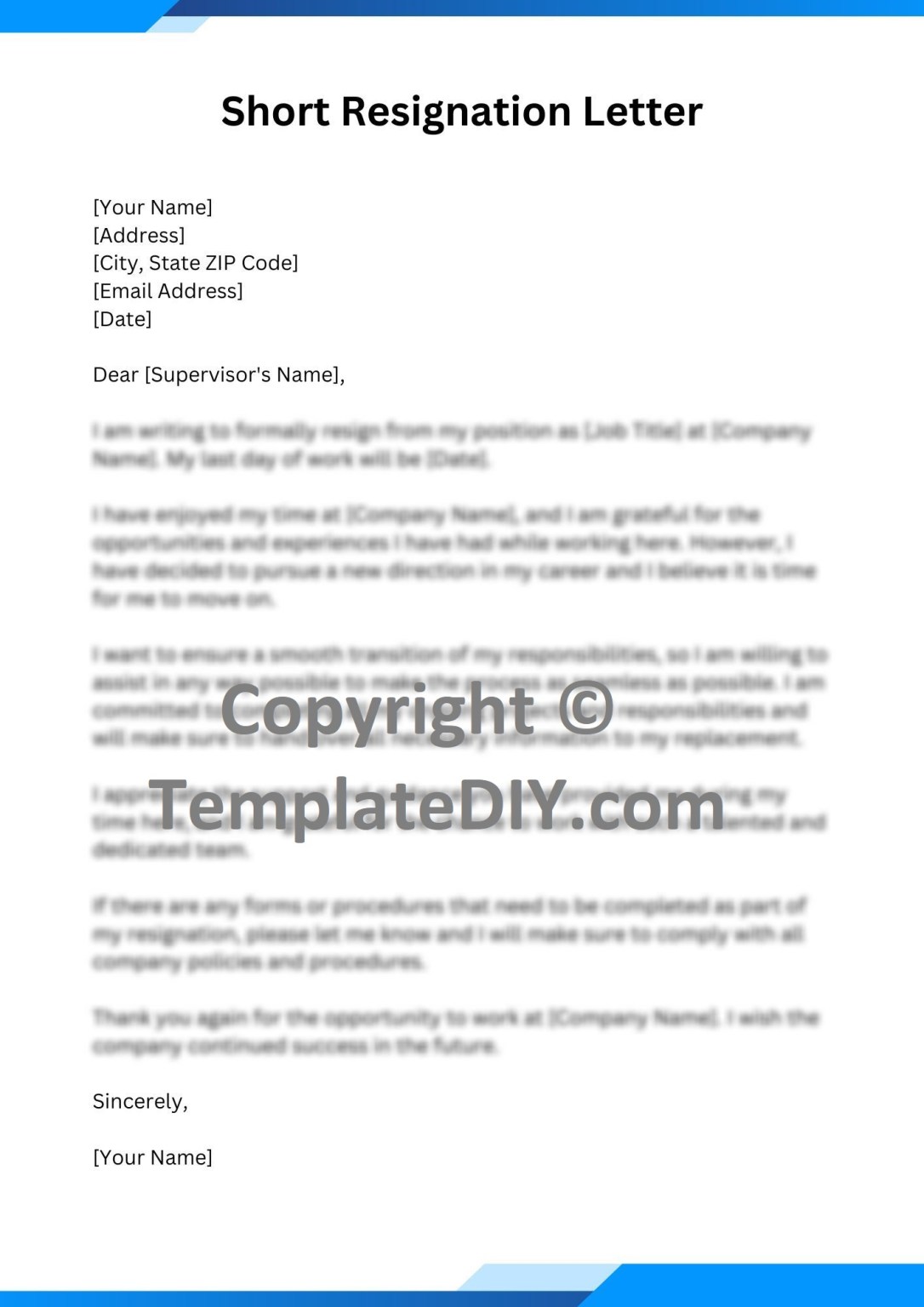 Short Resignation Letter Template | Instant Download