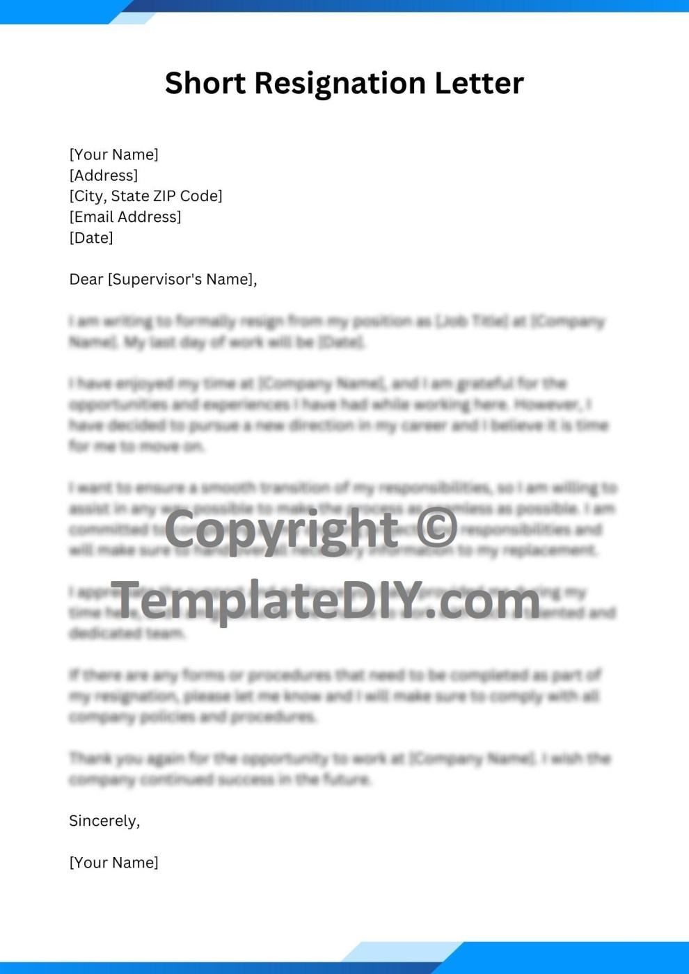 Short Resignation Letter Template | Instant Download