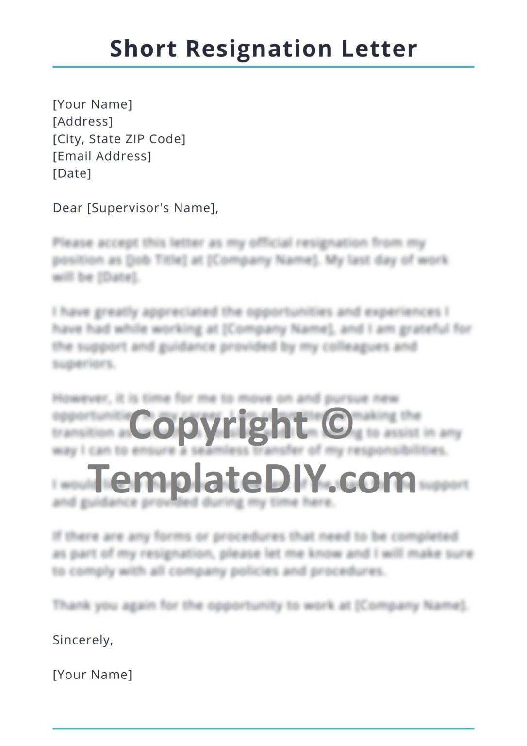 Short Resignation Letter Template | Instant Download