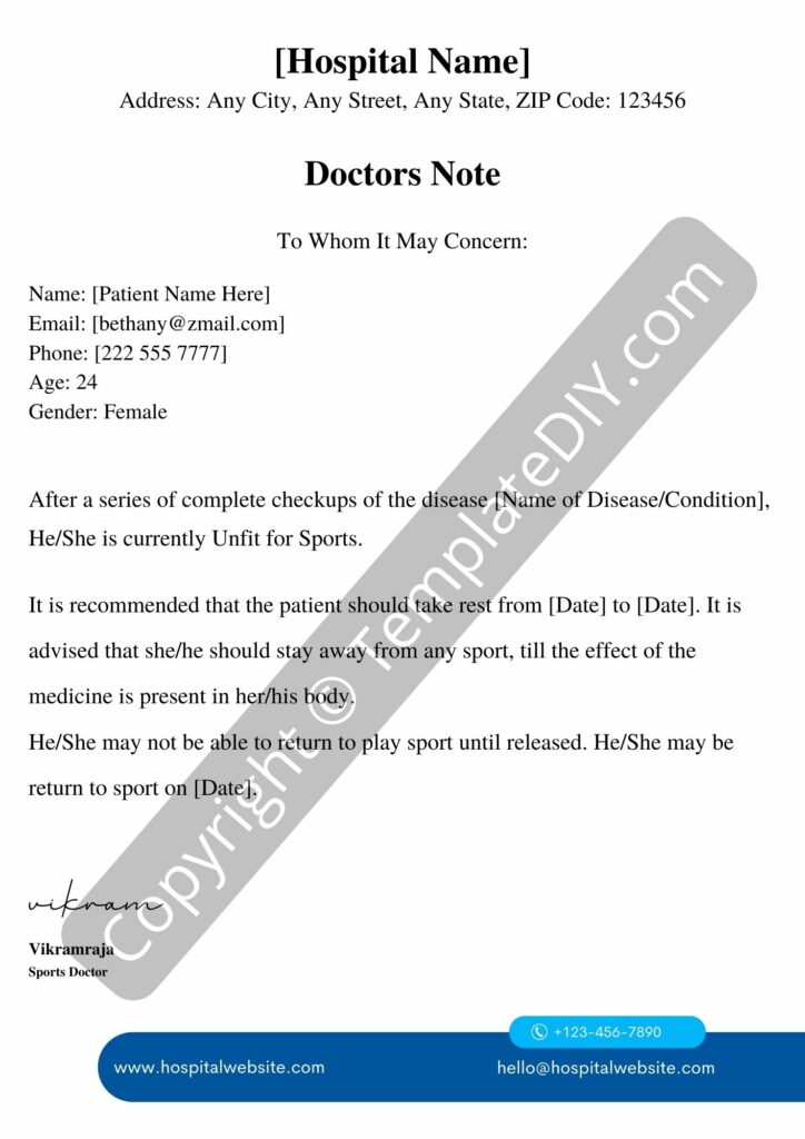 Doctors Note for Sports Template Printable in PDF, Word