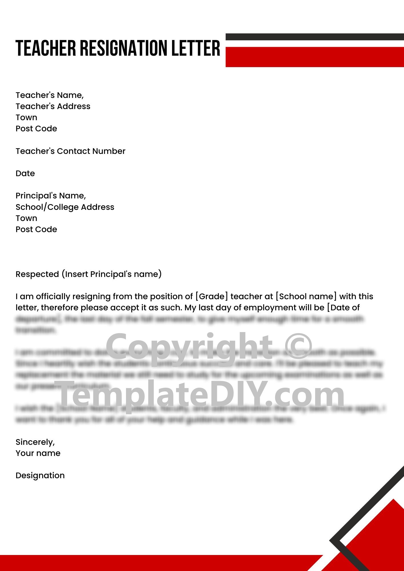 Teacher Resignation Letter Sample Template in Pdf & Word