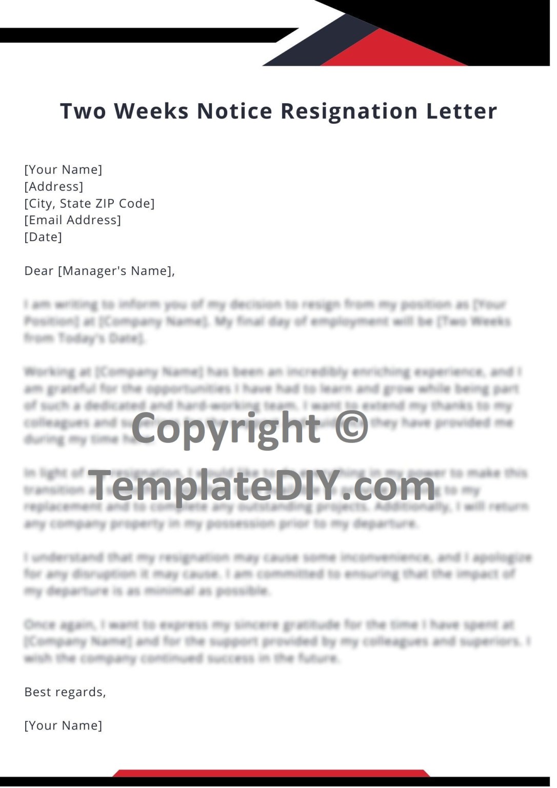 Two Weeks Notice Resignation Letter Sample [Word Editable]