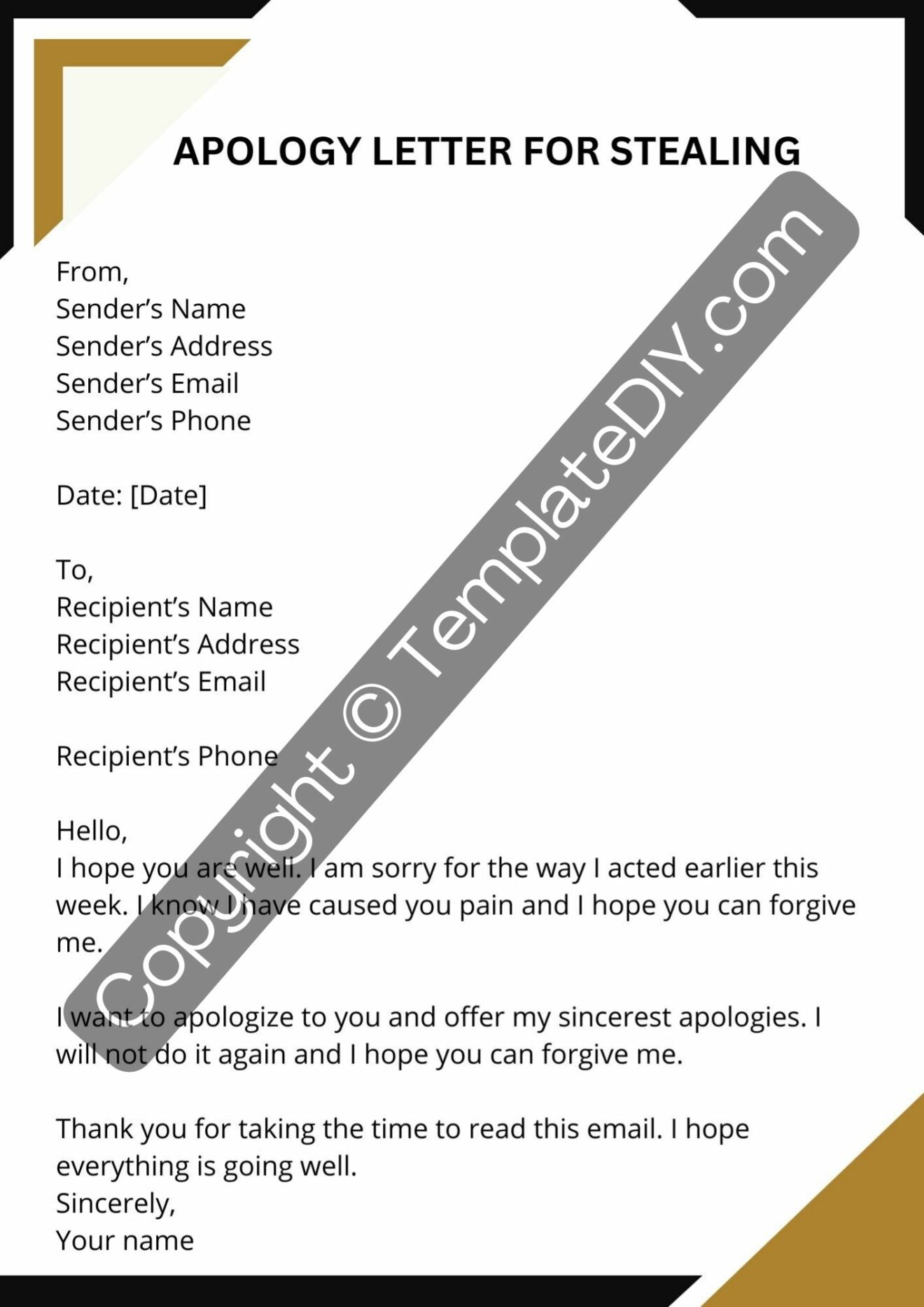Apology Letter for Stealing Sample Template in Pdf, Word