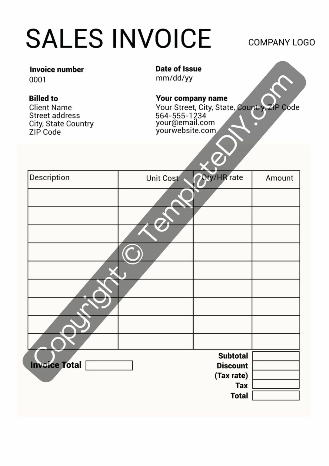 Sales Invoice Template Printable Blank PDF, Excel, Word