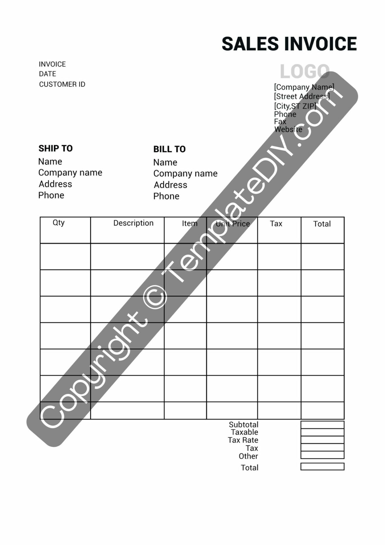 Sales Invoice Template Printable Blank PDF, Excel, Word