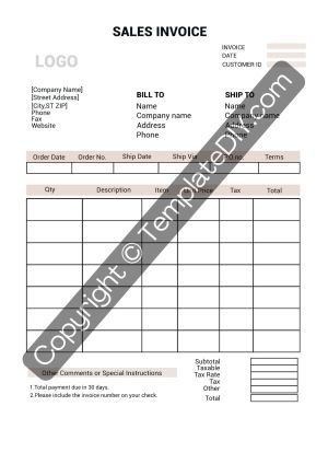 Sales Invoice Template Printable Blank PDF, Excel, Word