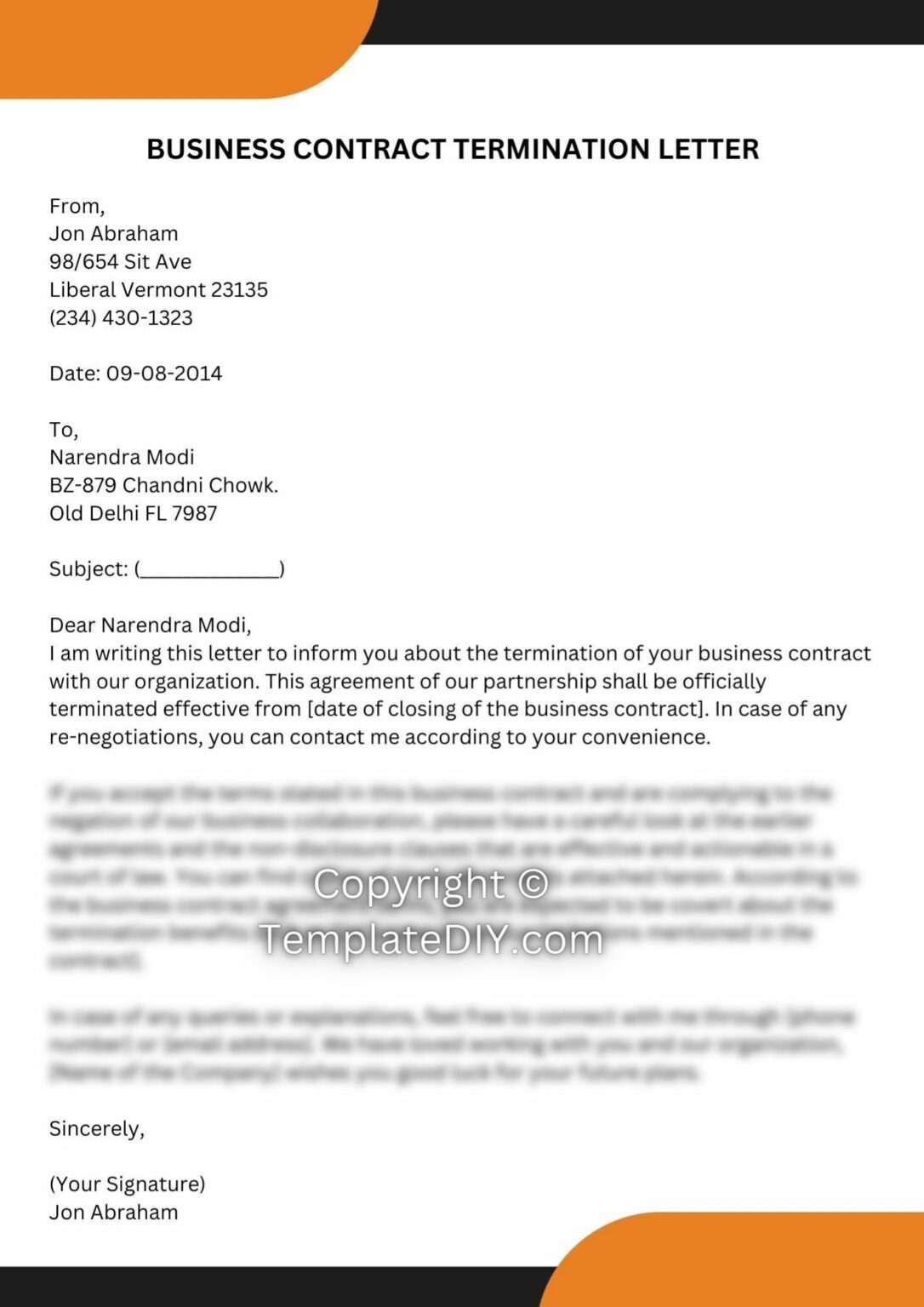 Business Contract Termination Letter Sample with Examples