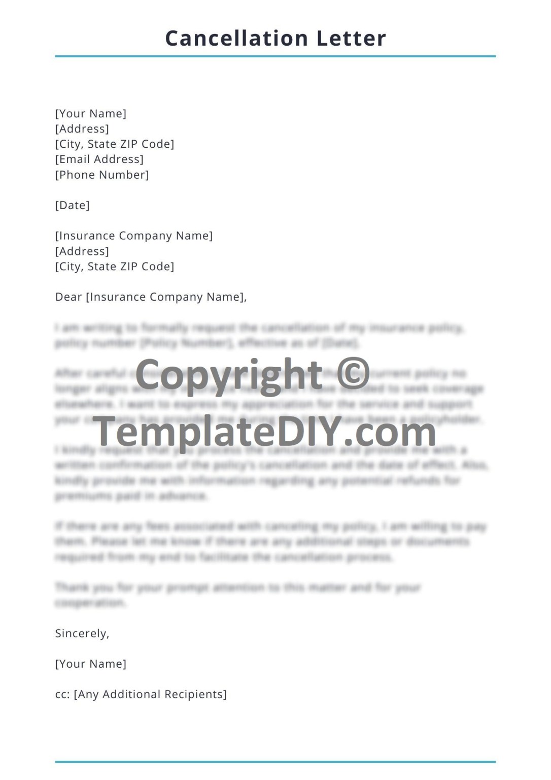 Cancellation Letter for Insurance Policy Sample [Word]