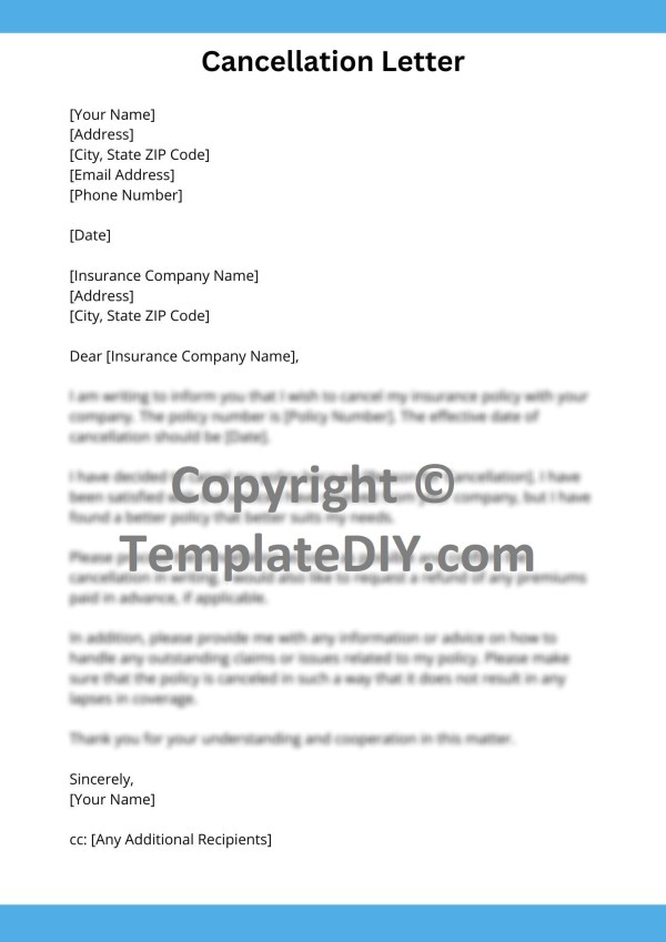 Cancellation Letter for Insurance Policy Sample [Word]