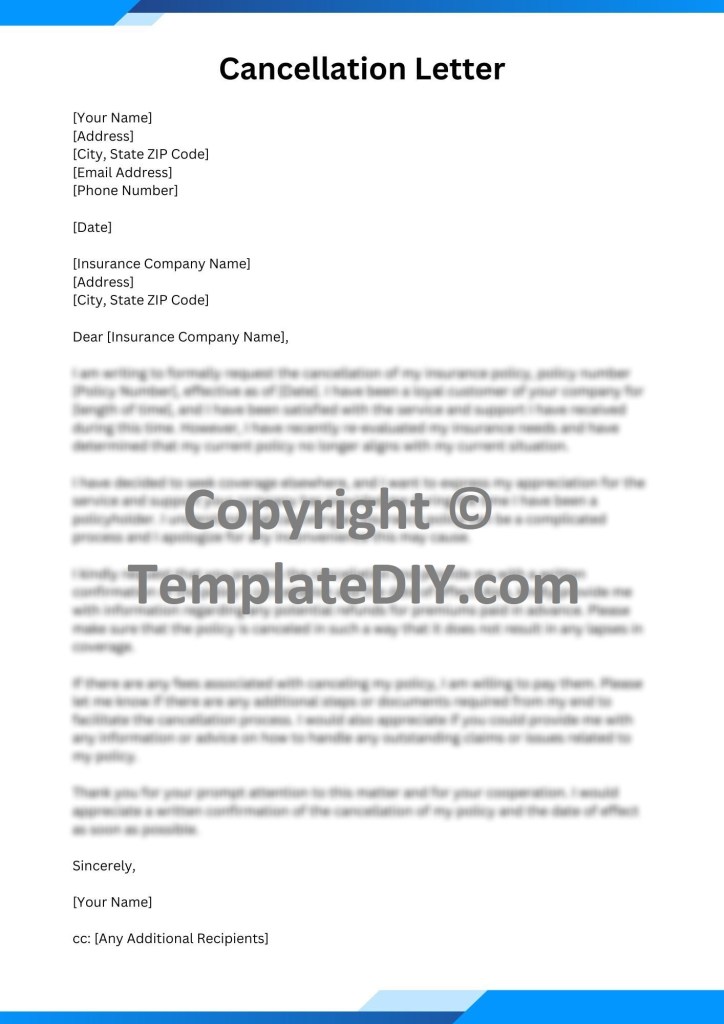 Cancellation Letter for Insurance Policy Sample [Word]