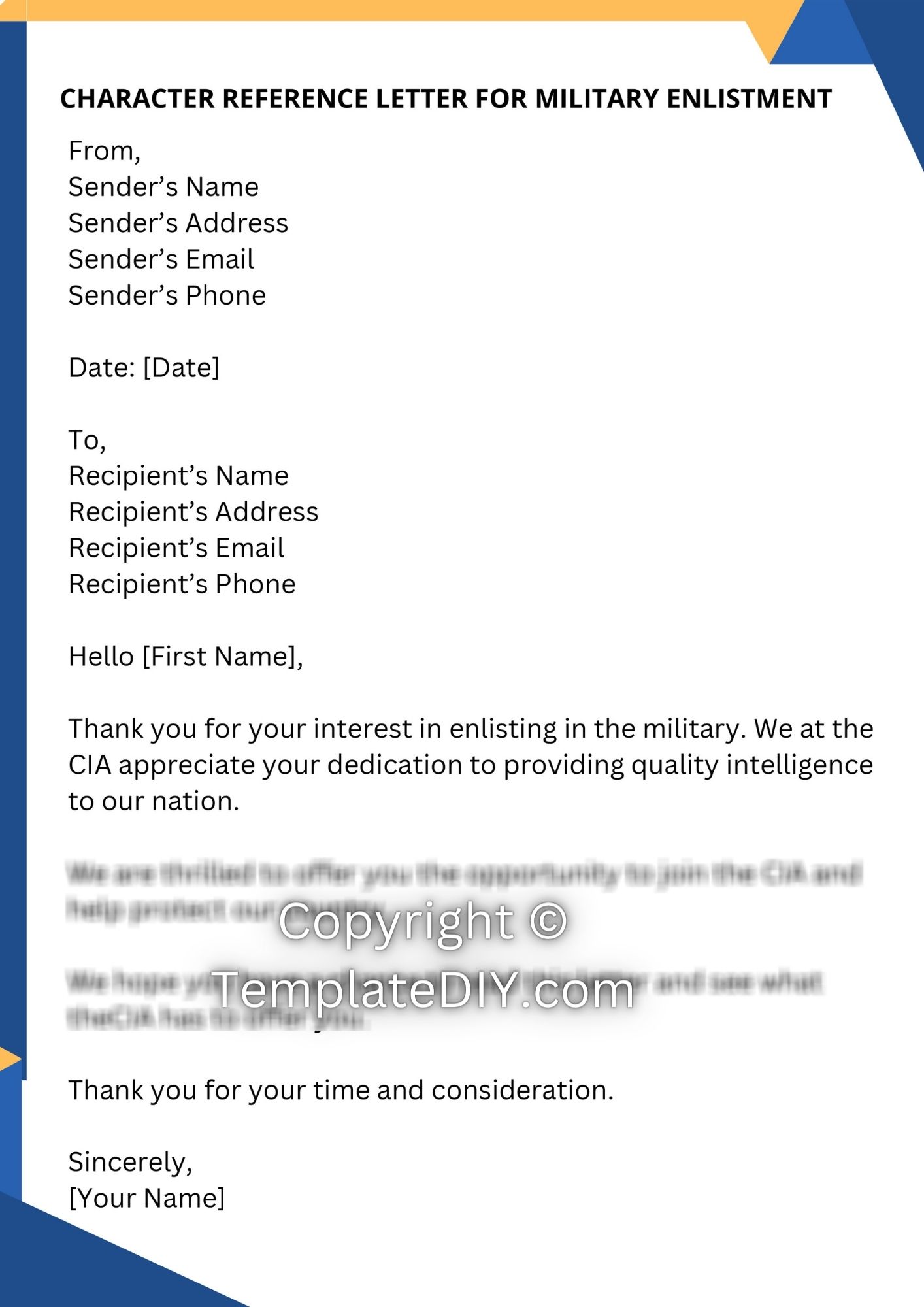 Character Reference Letter for Military Enlistment in Pdf & Word