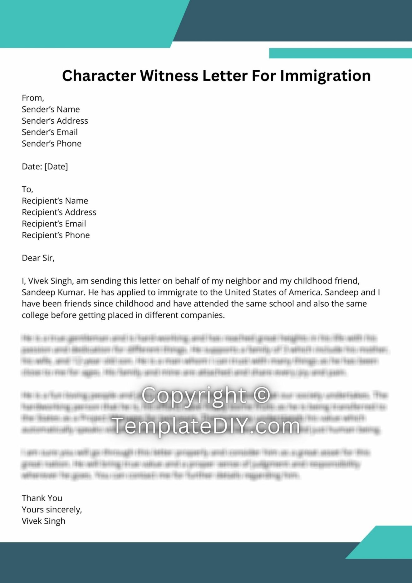 Character Witness Letter for Immigration Sample and Example