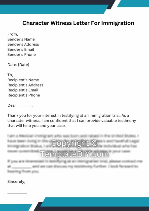 Character Witness Letter for Immigration Sample and Example