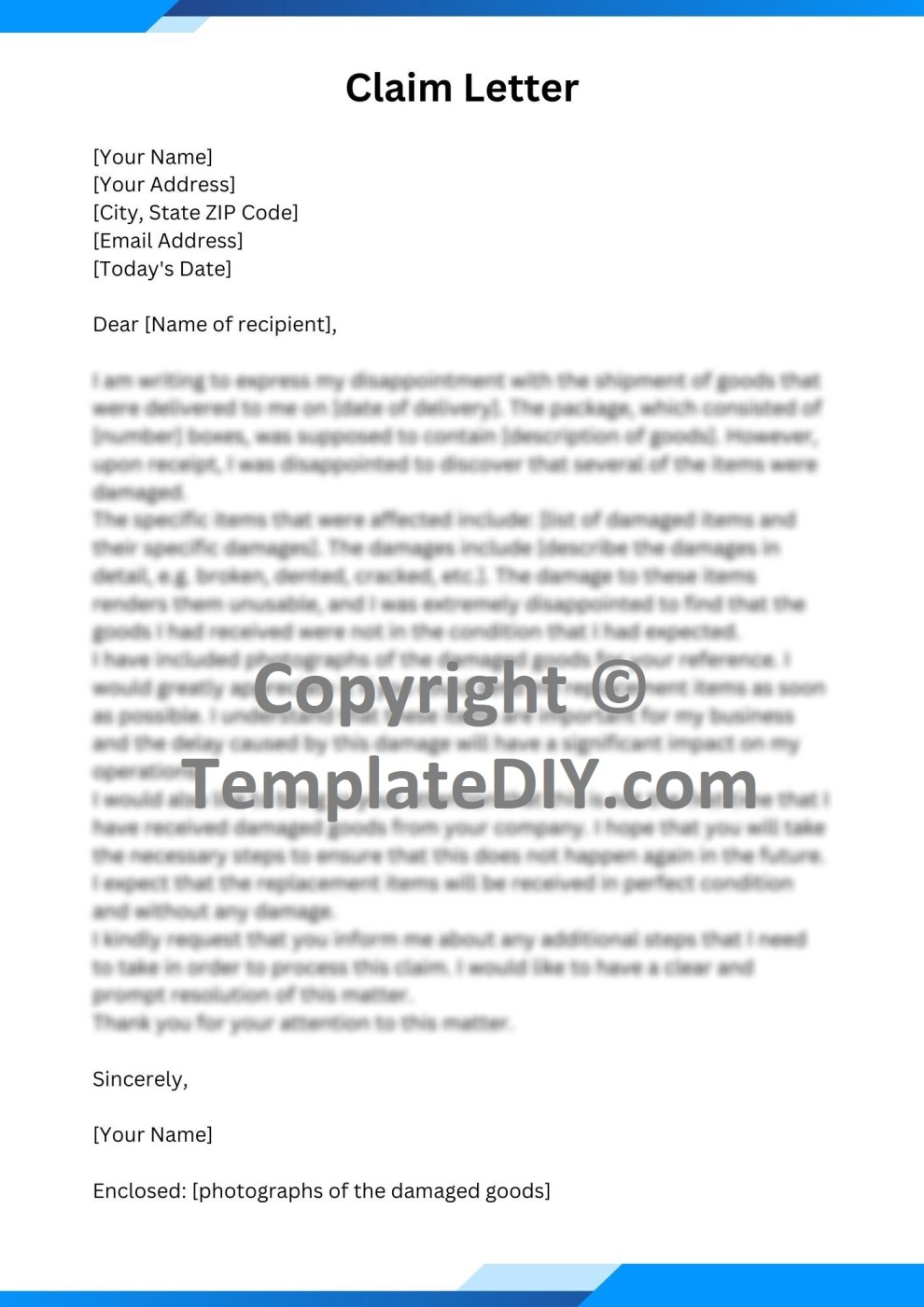 Claim Letter for Damaged Goods Template [Editable]
