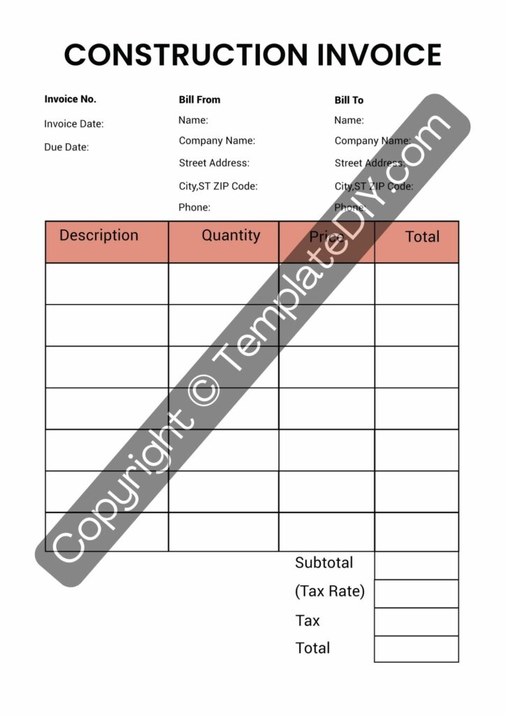 Construction Invoice Printable Template in PDF, Word, Excel