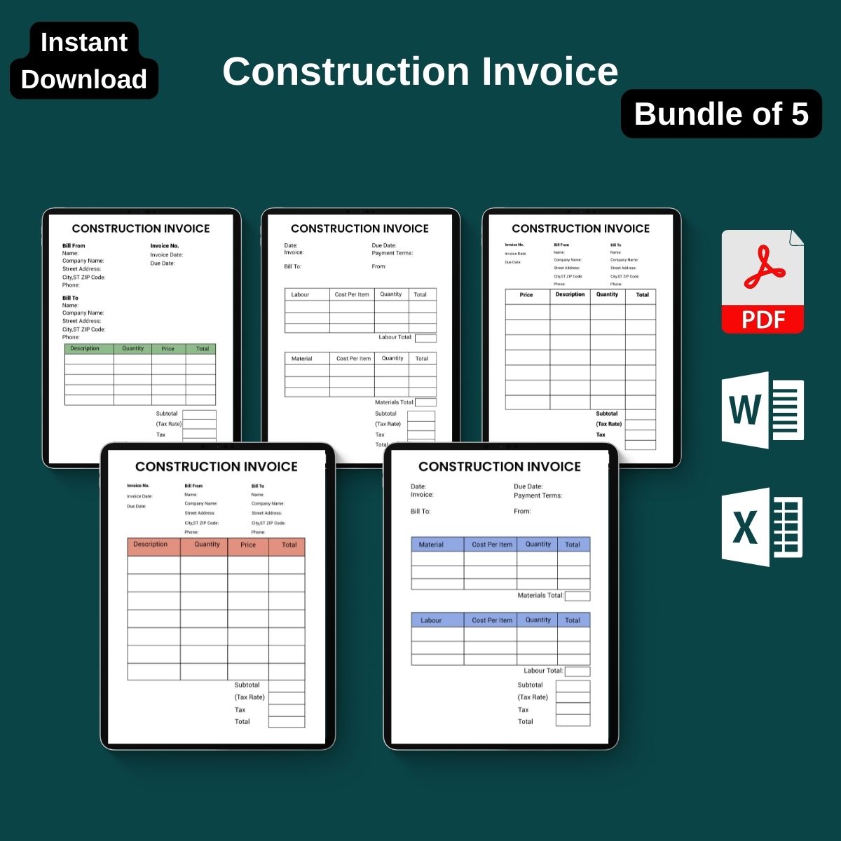 Construction Invoice Printable Template in PDF, Word, Excel