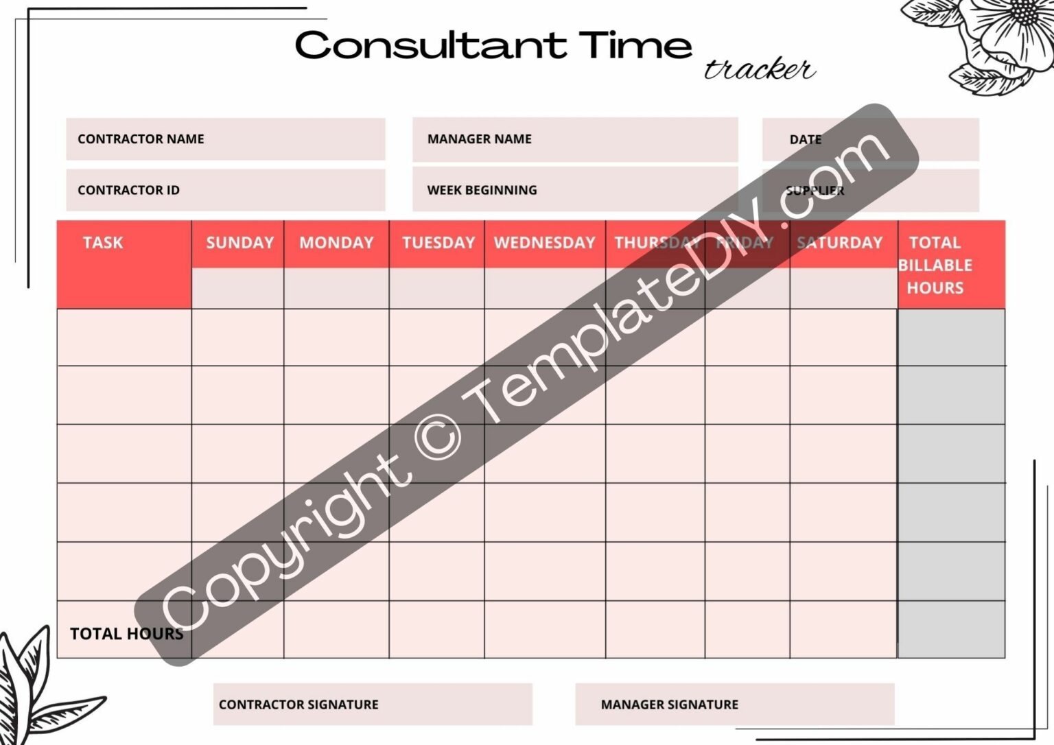 Consultant Time Tracking Template Printable PDF, Word