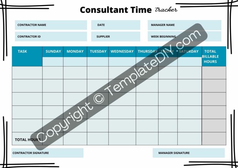 Consultant Time Tracking Template Printable PDF, Word