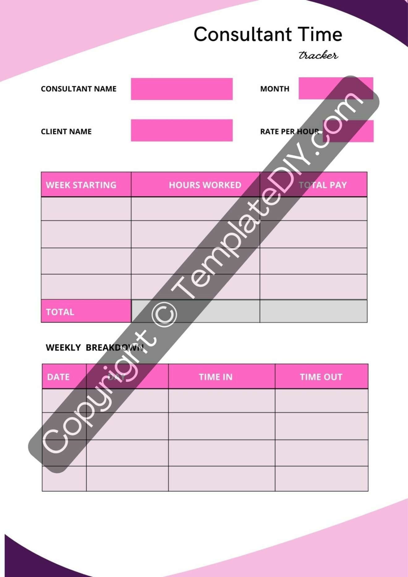 Consultant Time Tracking Template Printable PDF, Word
