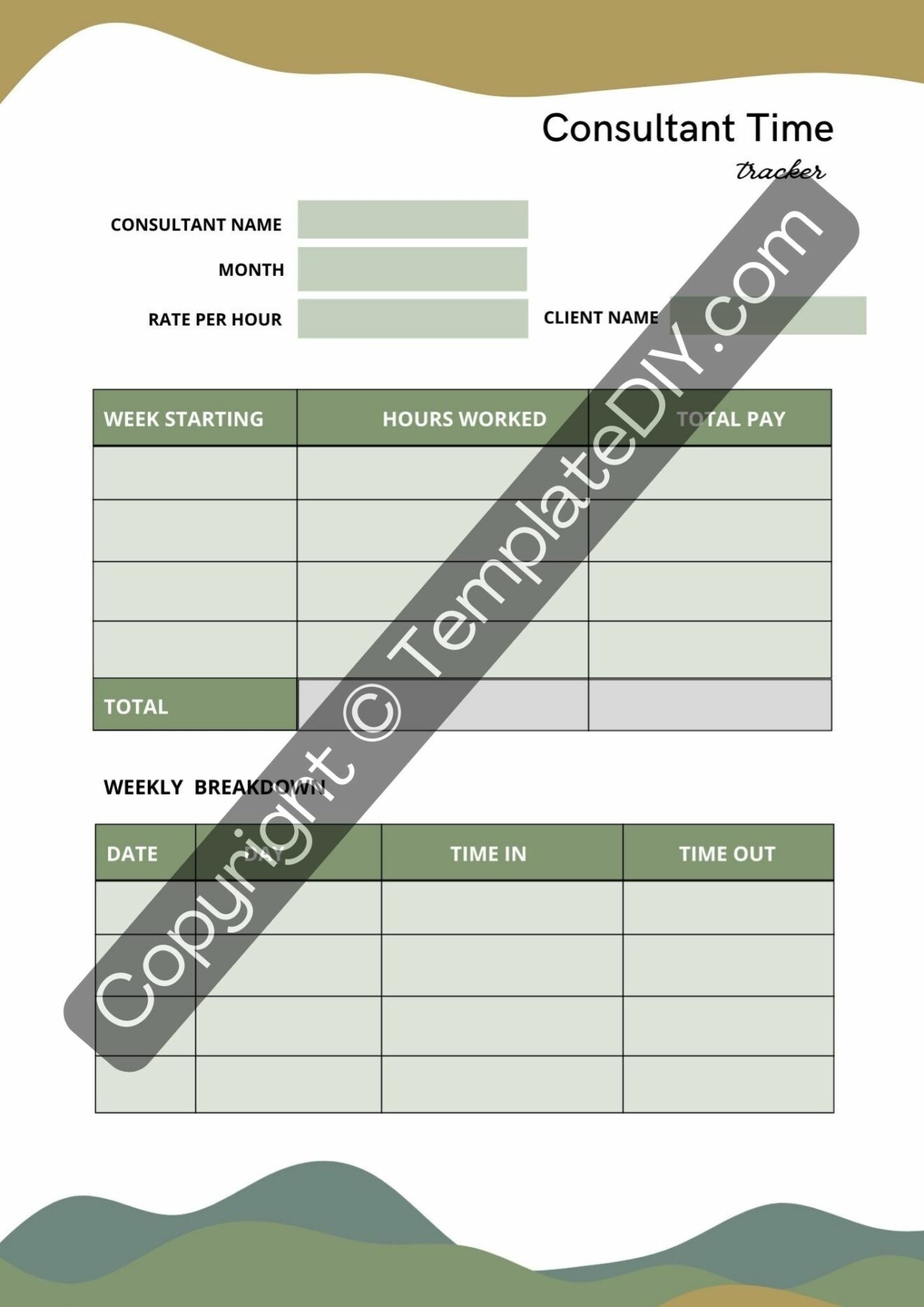 Consultant Time Tracking Template Printable PDF, Word