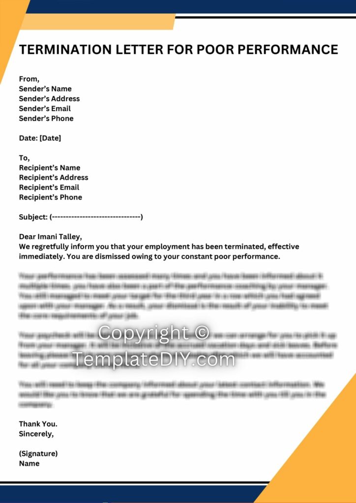 Termination Letter for Poor Performance Template PDF, Word