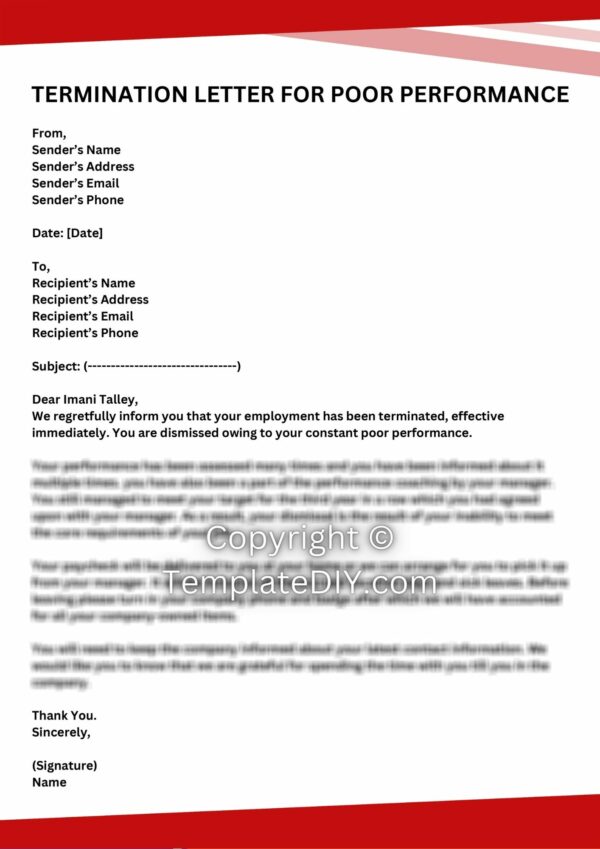 Termination Letter for Poor Performance Template PDF, Word