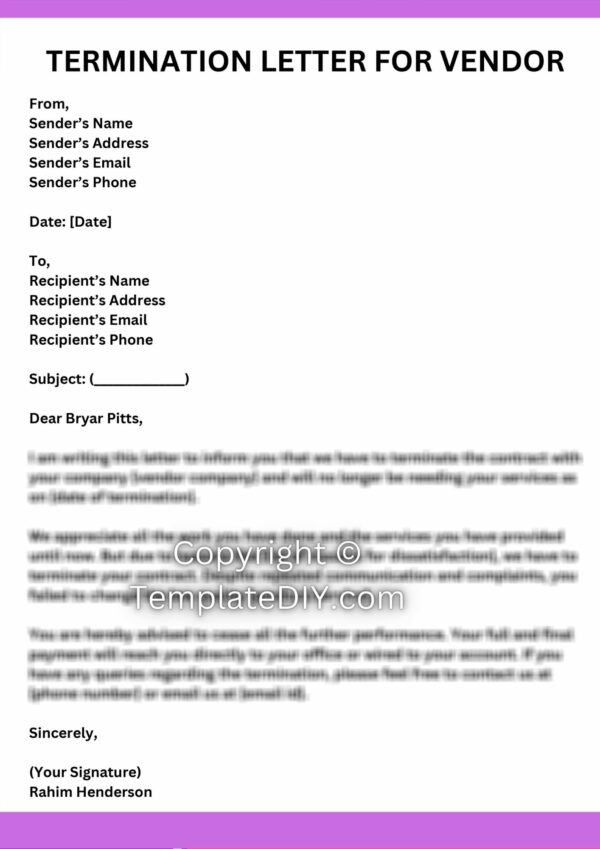 Termination Letter for Vendor Template Sample with Examples