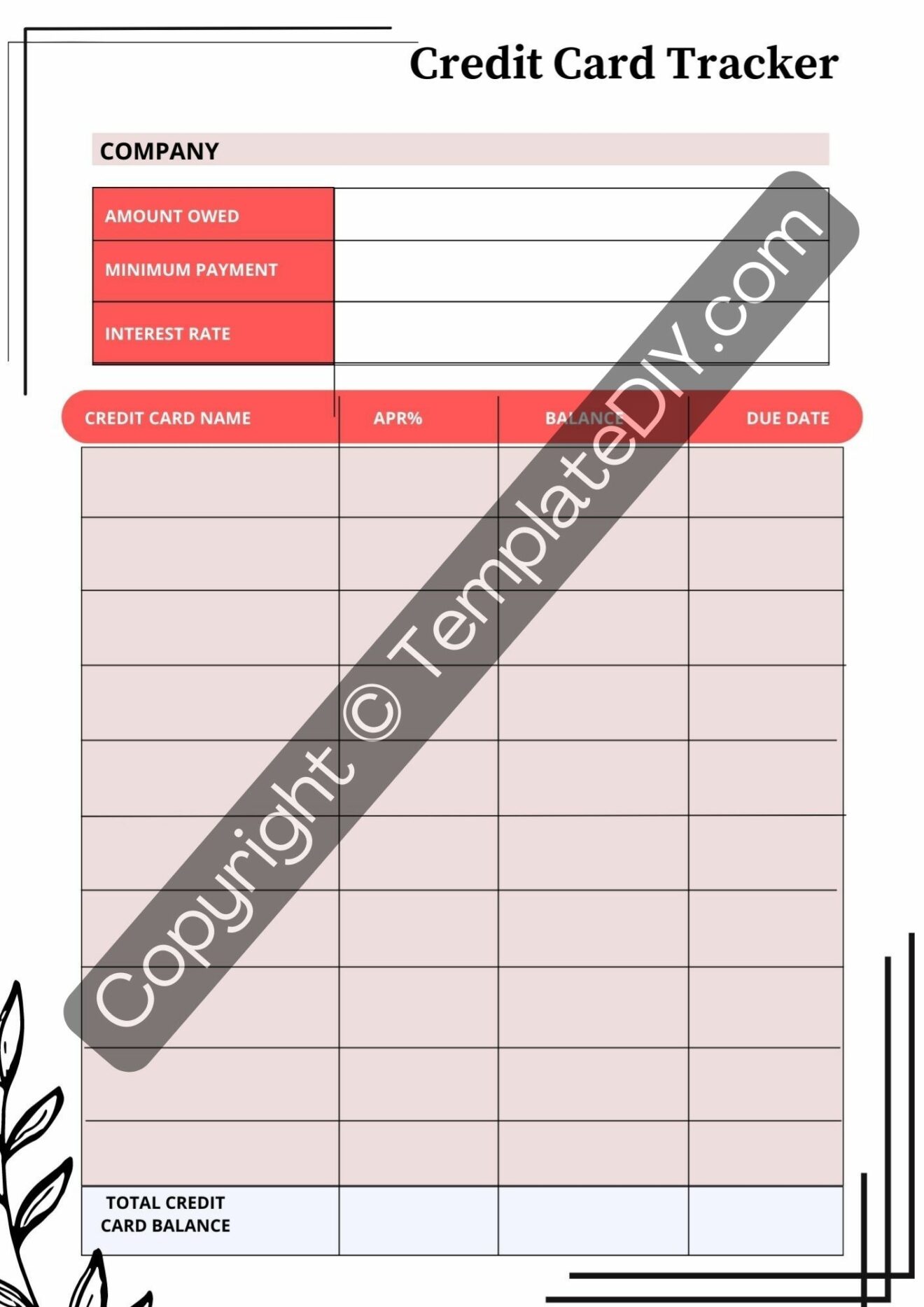 Credit Card Tracker Template Printable PDF, Word & Excel